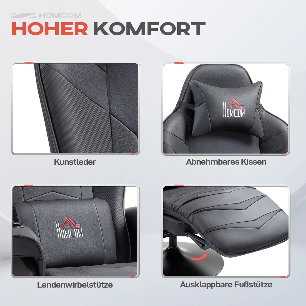 HOMCOM Herní židle s masáží, otočná o 360°, 6 masážních bodů, podnožka, odnímatelná opěrka hlavy, imitace kůže, 79.5 x 82.5 x 111.5cm, černá