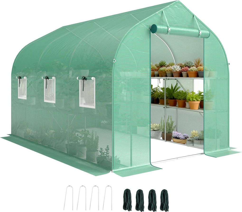Outsunny tunelový skleník 6 m² s policemi, 198 x 293 x 194 cm — pozinkovaný rám, navíjecí dveře, 6 síťovaných oken, PE 140 g/m² — zelený | Aosom