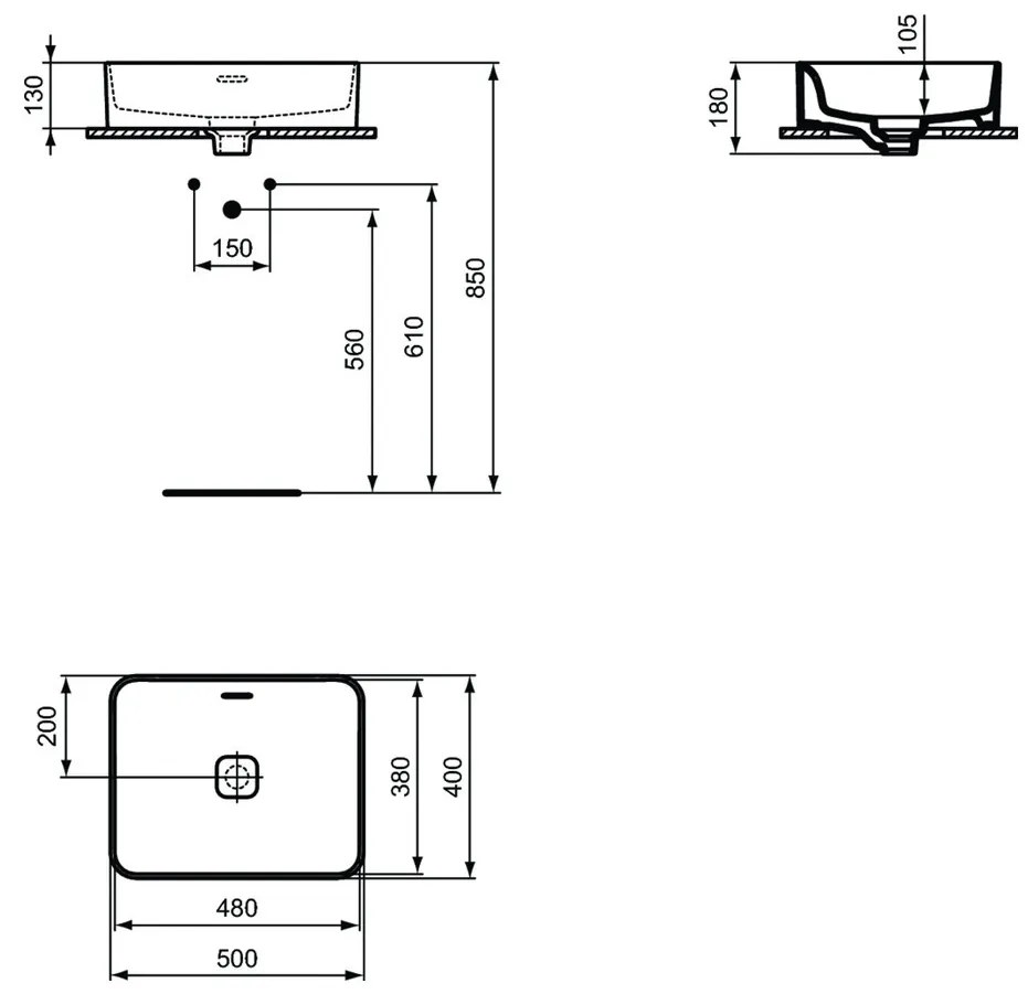 Ideal Standard Strada II - Umyvadlo na desku 500 x 400 mm, s přepadem, bez otvoru, Bílá, T296501