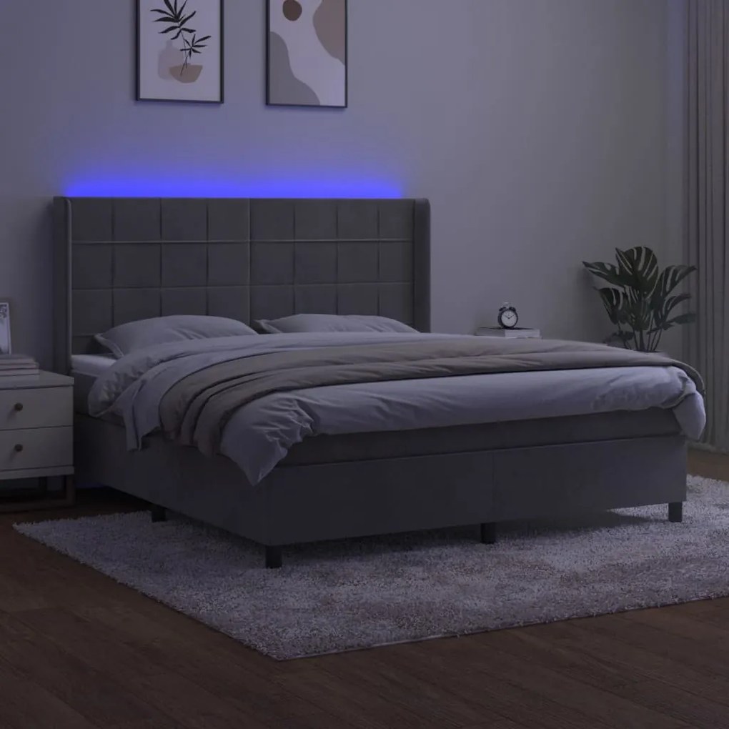 Box spring postel s matrací a LED světle šedá 160x200 cm samet 3139571