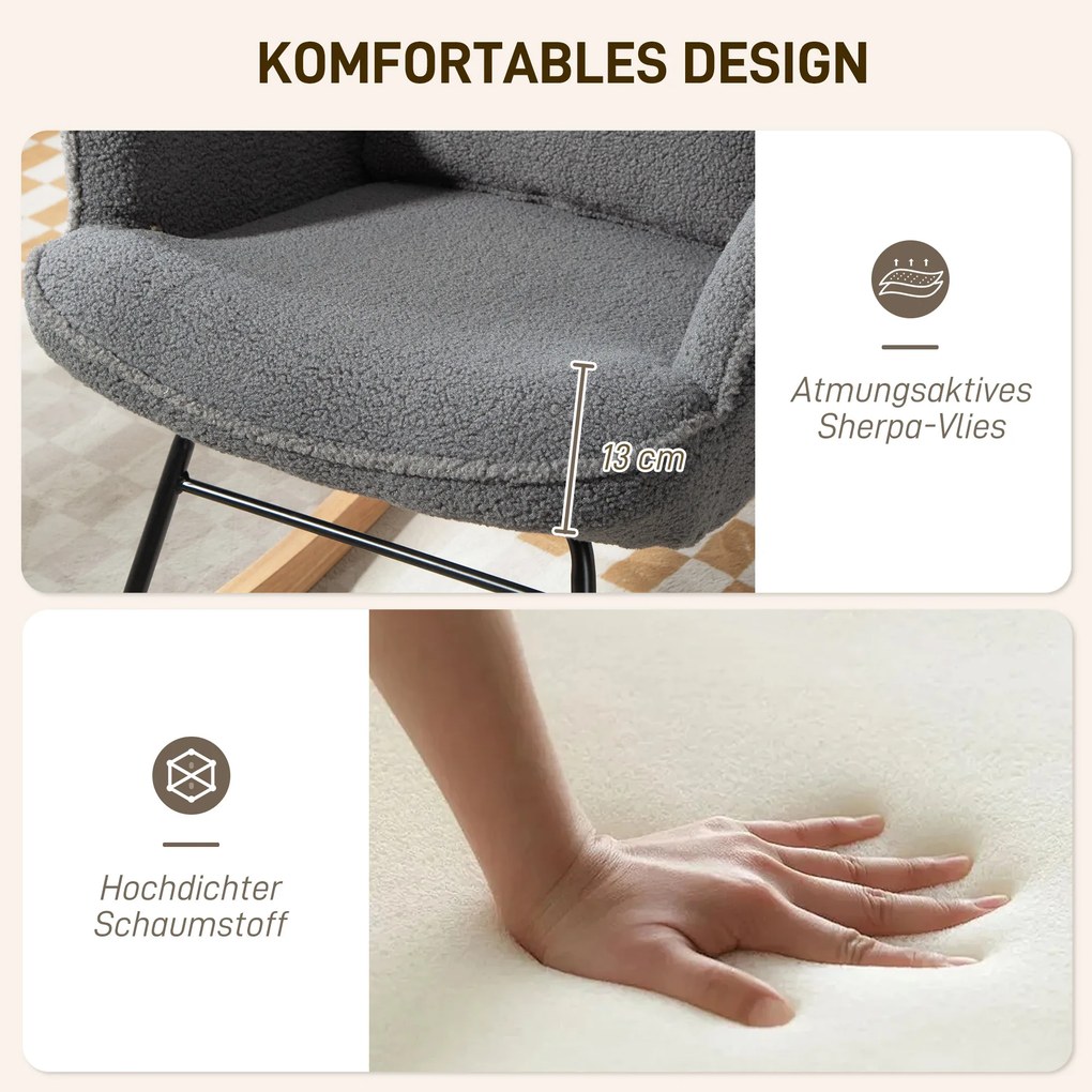 HOMCOM Houpací křeslo s podnožkou, měkký fleecový potah, dřevěné nohy, polštář, vysoké opěradlo, houpací křeslo, tmavě šedá