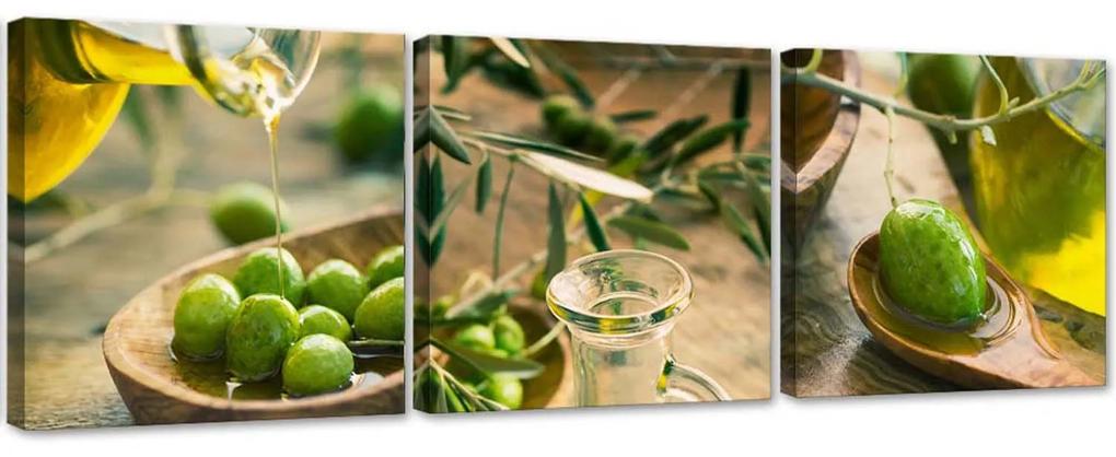 Gario Sada obrazů Olivový olej a zelené olivy - 3 dílná Rozměry: 150 x 50 cm, Provedení: Obraz na plátně