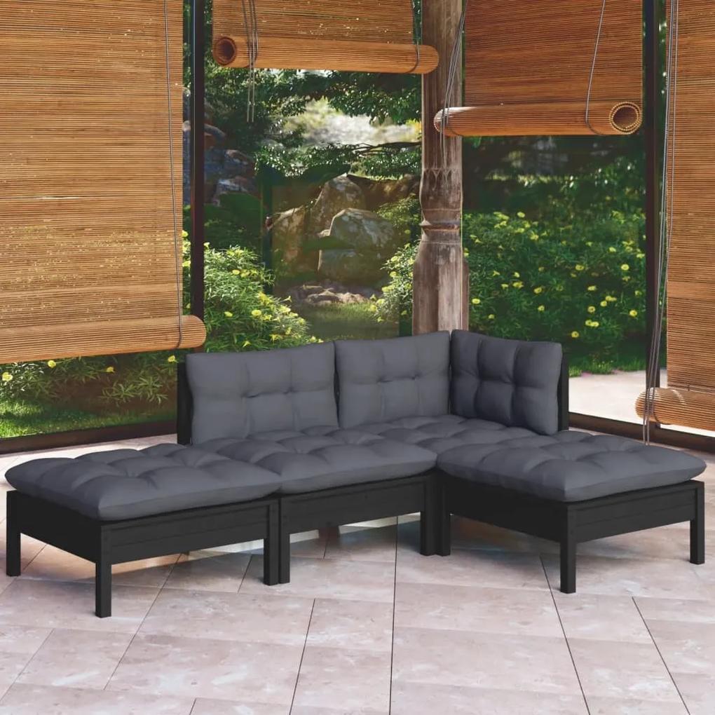 vidaXL 4dílná zahradní sedací souprava s poduškami masivní borovice [3096290] Barva: Černá