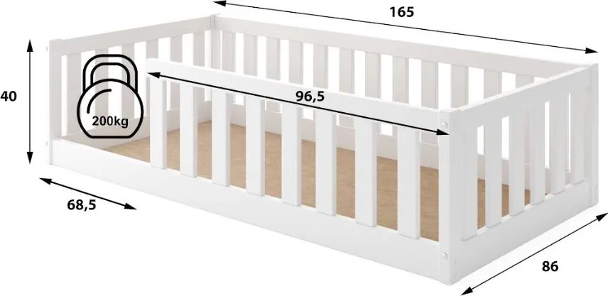 Dětská Montessori postel z masivu borovice BELLA 160x80 cm - bílá