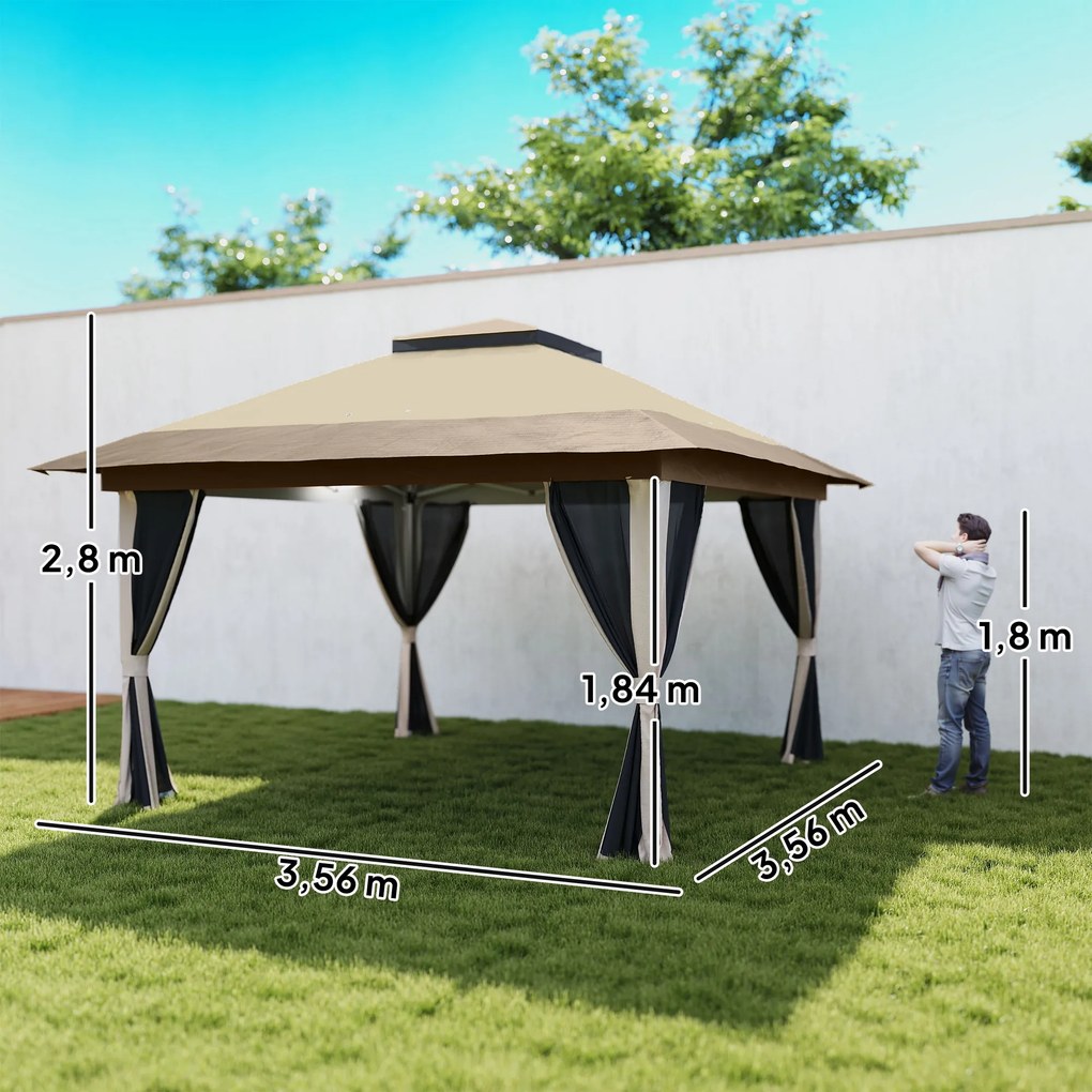 Outsunny skládací altán 3,6x3,6 m s síťovanými bočními stěnami, UPF50+, nastavitelná výška, rolovací taška a pytle s pískem, béžová