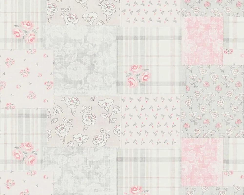 Vliesová tapeta s květinovým kostkovaným vzorem – šedá, růžová, bílá, 390663 / Tapety na zeď 39066-3 Maison Charme (0,53 x 10,05 m) A.S.Création