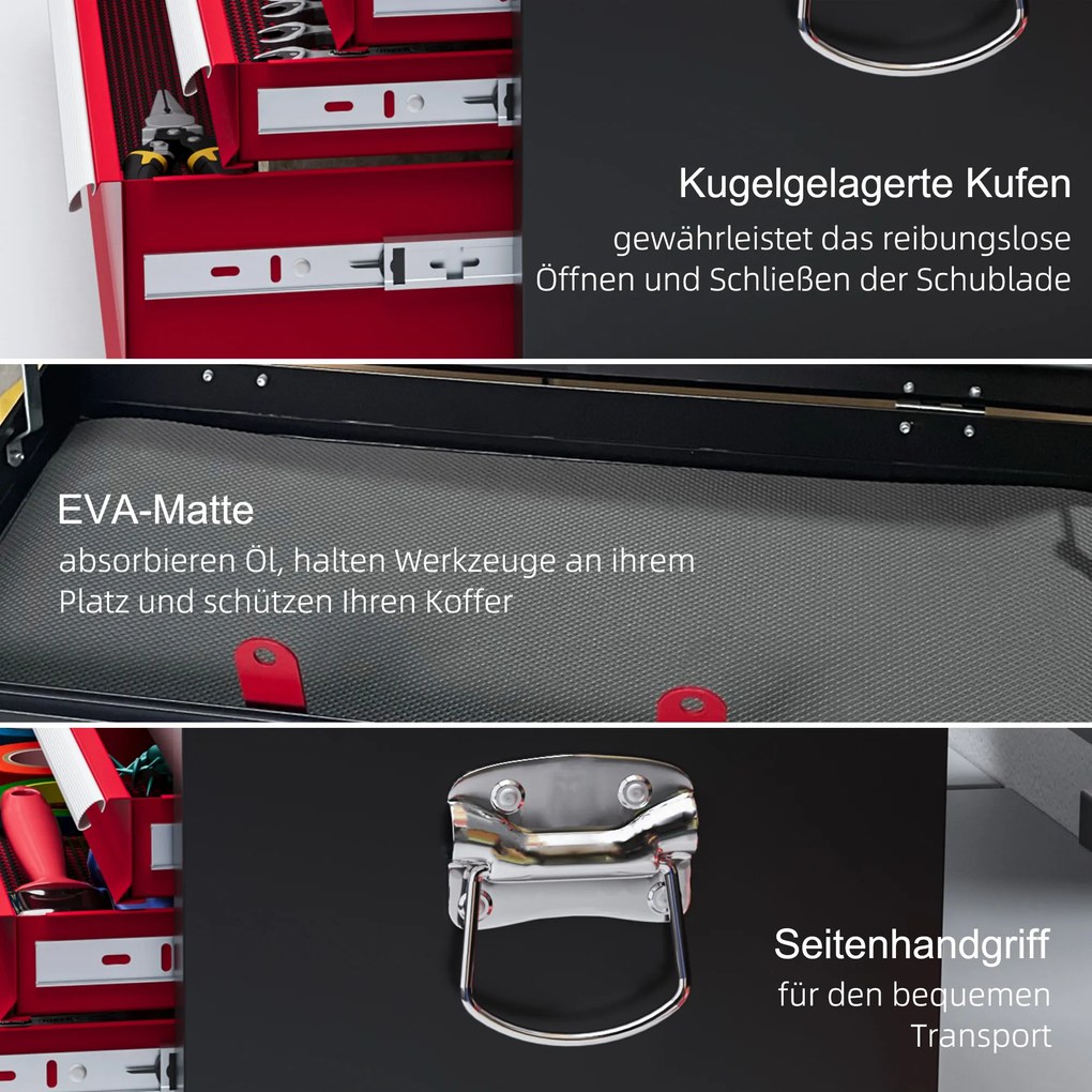 HOMCOM kufr na nářadí 6 zásuvek zámek box na nářadí rukojeť box na nářadí ocelový červený+černý 60x26x34cm