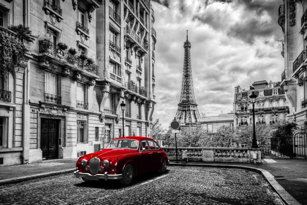 Vícedílný obraz Červené Retro Auto Na Pozadí Eiffelovy Věže Nedostatek Nedostatek Přírodní plátno 60x40
