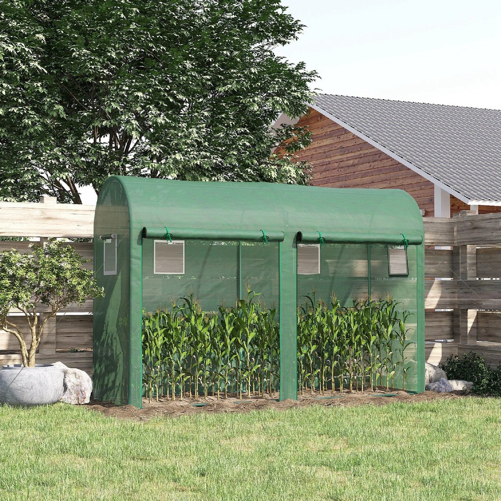 Fóliový skleník Outsunny Skleník na rajčata 300 x 100 x 200 cm se 4 okny a 2 dveřmi z PE plastu a oceli, ideální pro zahradu a zahradní centrum