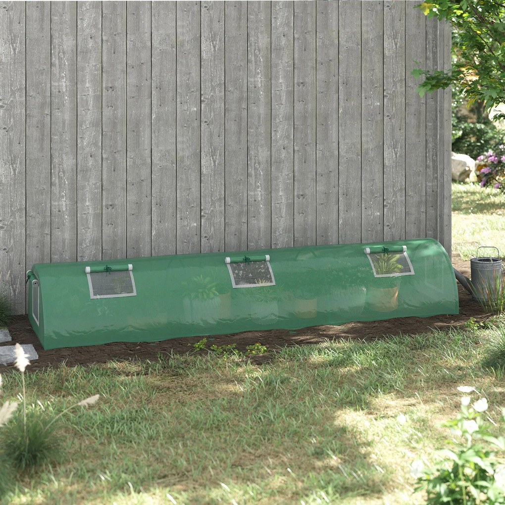 Fóliový skleník Outsunny mini tunelový skleník 300x80x45cm s PE fólií odolnou proti UV záření a oknem ze síťoviny v zelené barvě pro pěstování rostlin