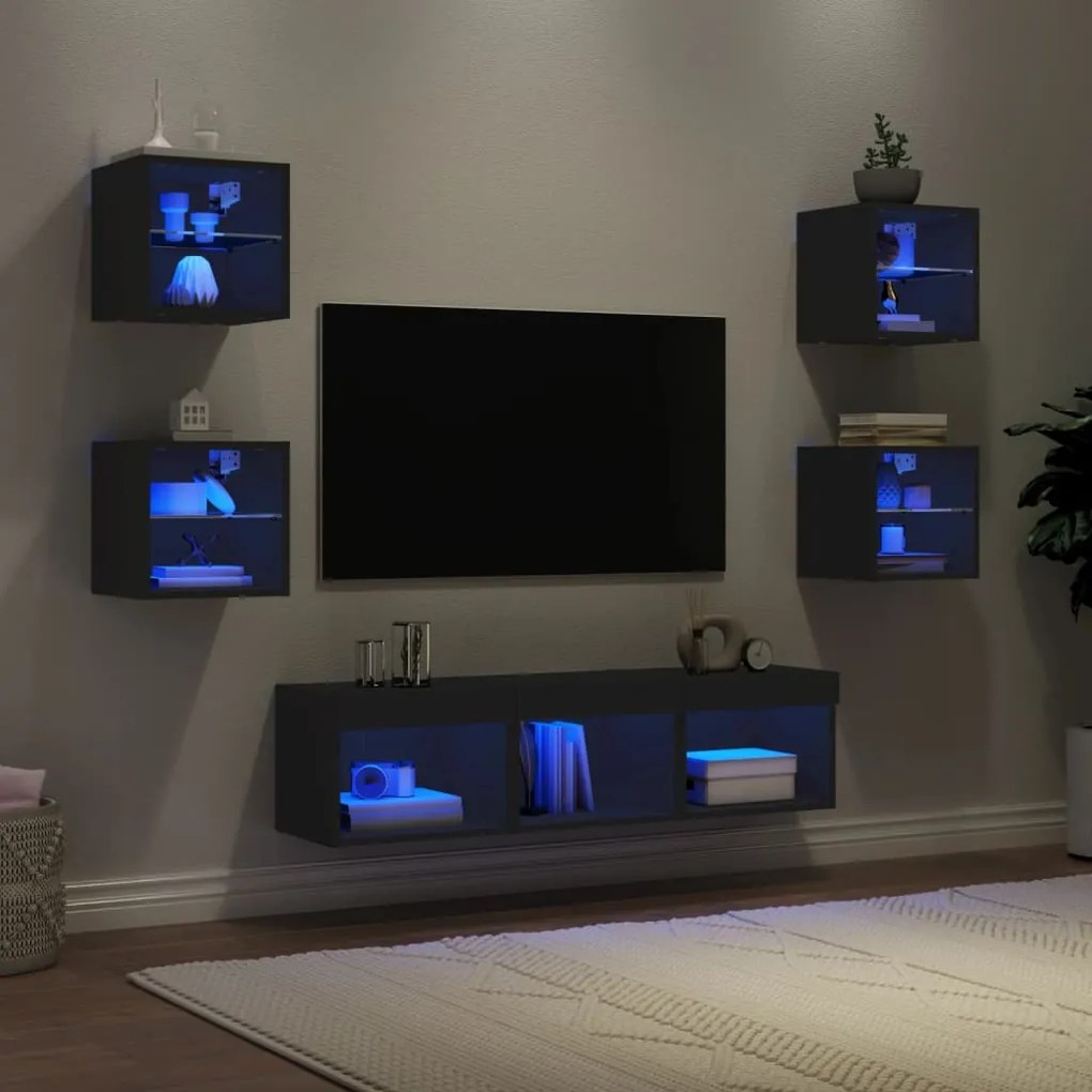 vidaXL 7dílná obývací stěna s LED osvětlením černá kompozitní dřevo