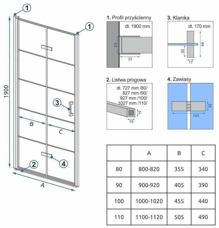Jednokřídlé sprchové dveře REA MOLIER 80 cm + stěnový profil s magnet. těsněním, černé/transparent - bez vaničky
