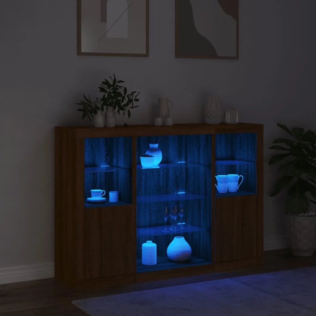 vidaXL Příborníky s LED osvětlením 3 ks kompozitní dřevo [3209133] Barva: hnědý dub