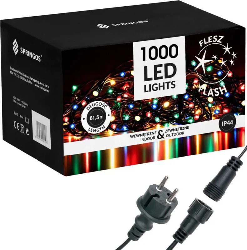 LED světelný řetěz - 81,5m, 1000LED, IP44, multicolor + záblesky