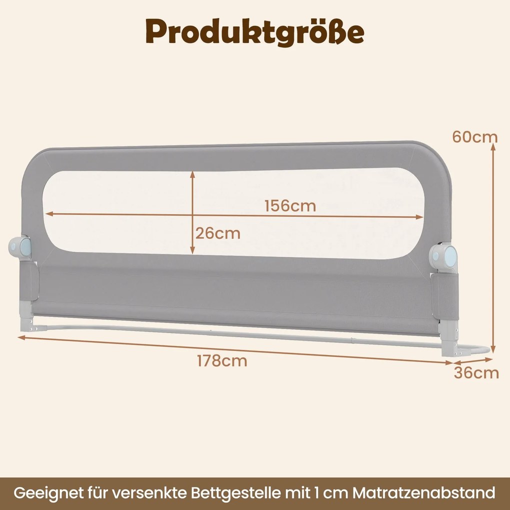 Costway Sada 3 zábran k dětské posteli 198/178 cm, šedá