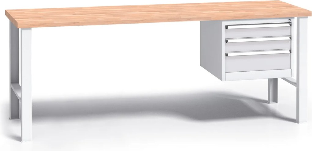 Pracovní stůl do dílny G3 se závěsným boxem na nářadí, buková spárovka, 3 zásuvky, pevné kovové nohy, 2000 mm, šedá