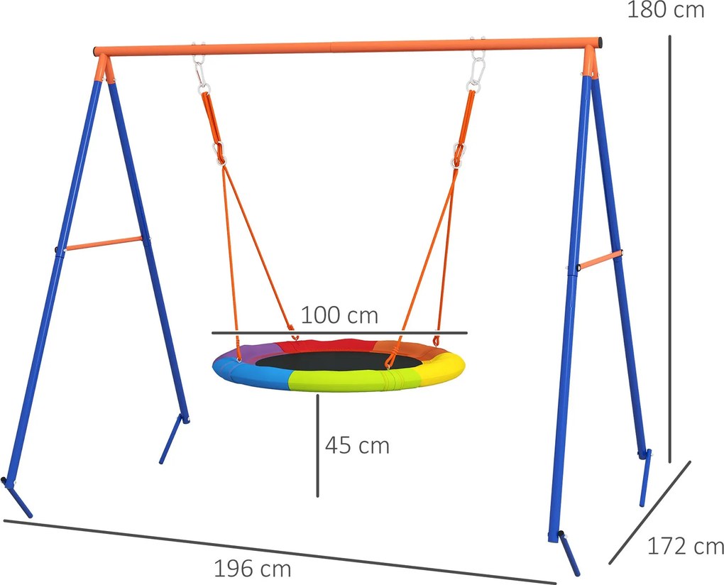 Zahradní houpačka Outsunny pro děti, hnízdová houpačka pro 1-2 děti s vyztuženým kovovým rámem ve tvaru A, 196x172x180cm, vícebarevná