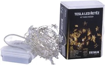 Světelný řetěz tesla - dekorativní nano řetěz hvězda 1,5cm, 50led, 2700k, 5m +30cm, 3x aa baterie, časovač, ip44