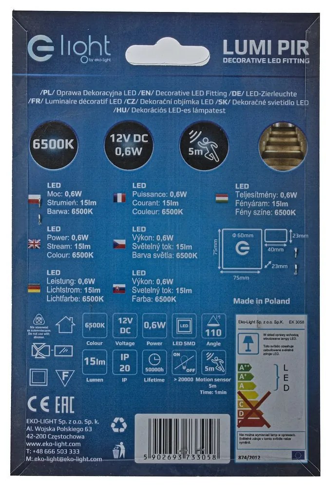 Schodišťové LED svítidlo Lumi, 1x LED 0,6w, 6500k, s, pohybový senzor