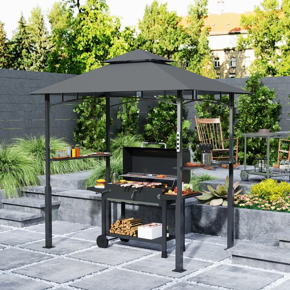 Outsunny Grilový pavilon, zahradní grilovací stan s regály na koření, LED osvětlení, kov, plast, 243D x 148Š x 248V cm, šedý