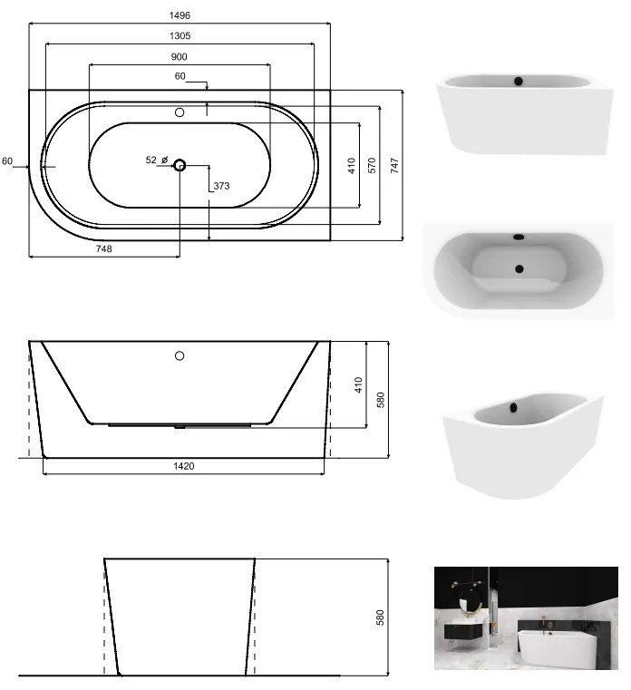 Besco Avita A-line volně stojící akrylátová vana se sifonem, napouštění přes přepad B&W Délka vany: 150cm, Orientace: Pravá