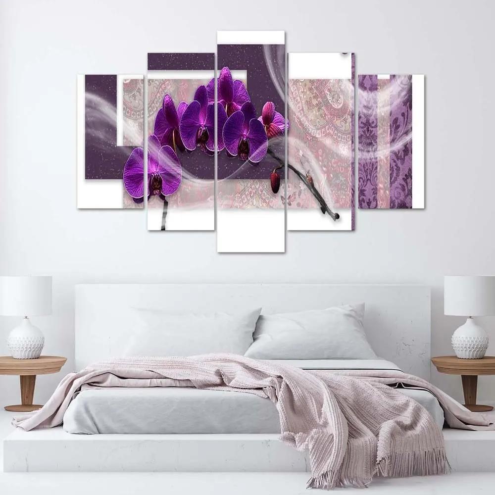 Obraz na plátně pětidílný Orchidej Fialová abstrakce - 200x100 cm