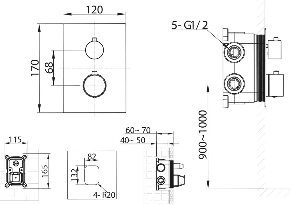 Sapho Kimura sprchová baterie podomítková termostatická box 3 výstupy chrom KU683
