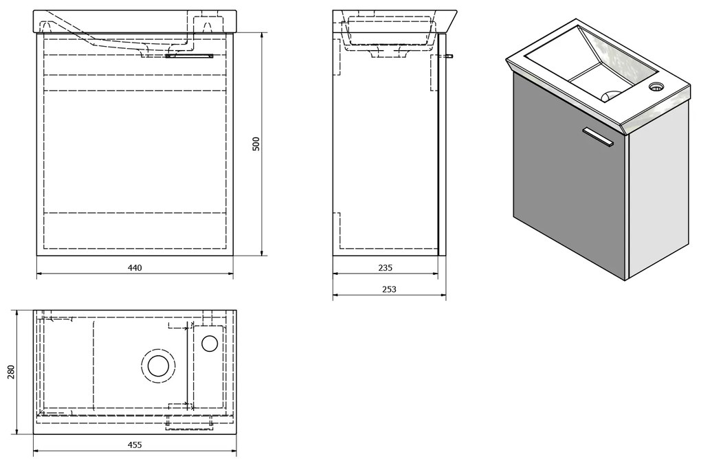 Aqualine, ZOJA/KERAMIA FRESH umyvadlová skříňka 44x50x23,5cm, dub platin, 51046DP