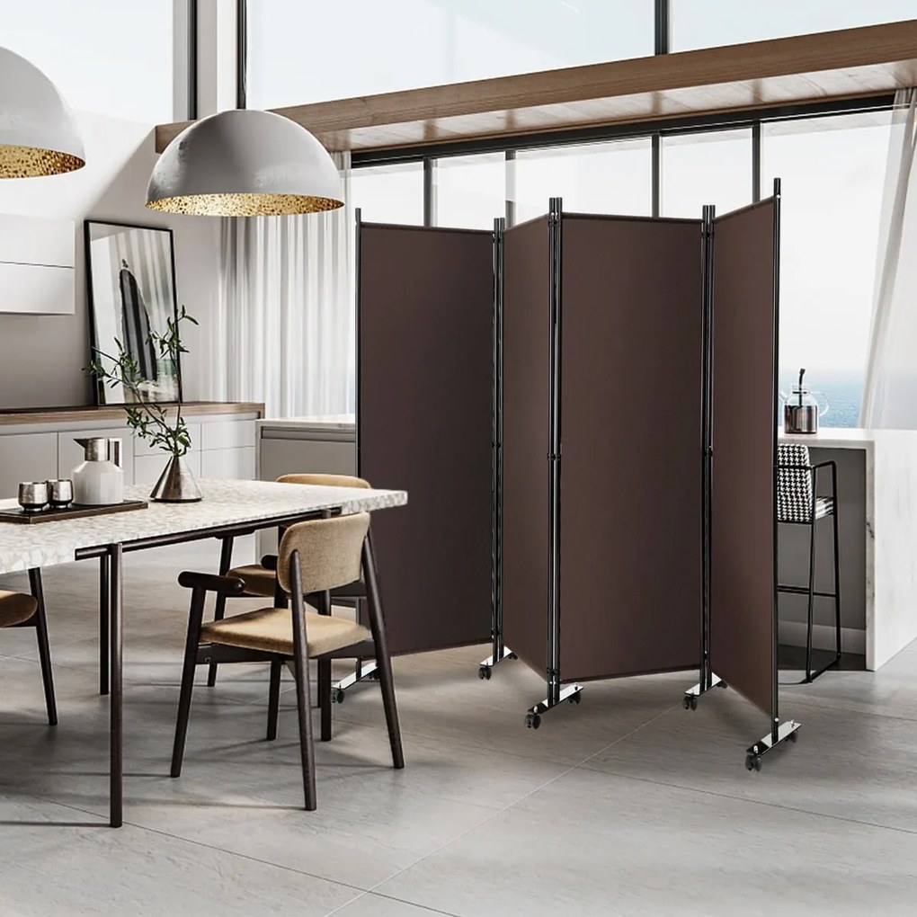 Costway Čtyřdílný paraván na kolečkách, výška 173 cm, hnědý