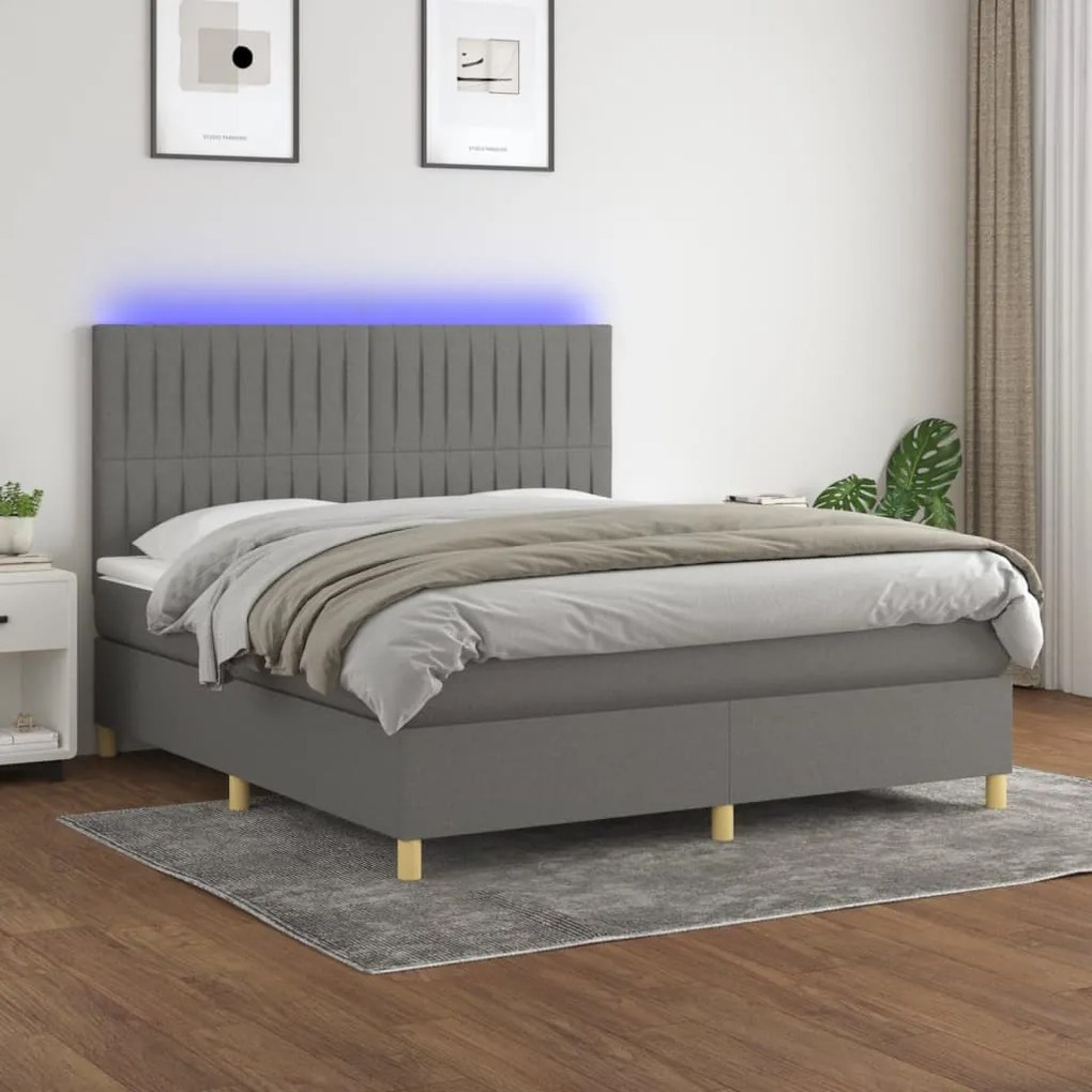 Box spring postel s matrací a LED tmavě šedá 160x200 cm textil