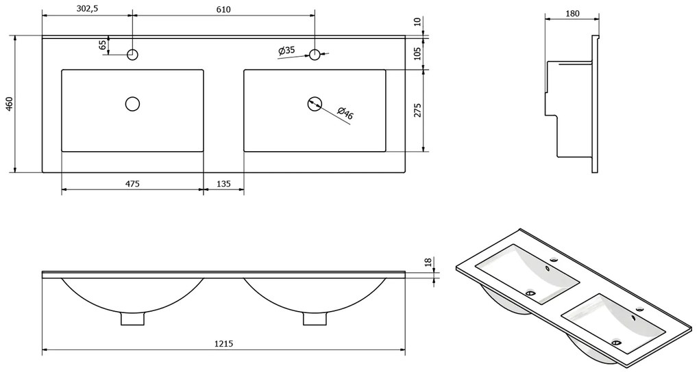 SAPHO SLIM keramické dvojumyvadlo, nábytkové, 120x46 cm, bílá, 1601-120