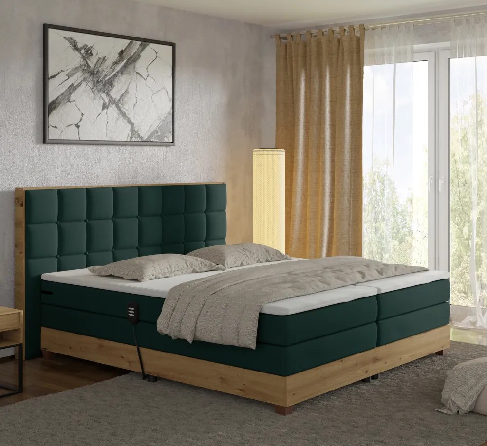 Elektrická polohovací postel, boxspring, zelená/dub artisan, 160x200, TIANA