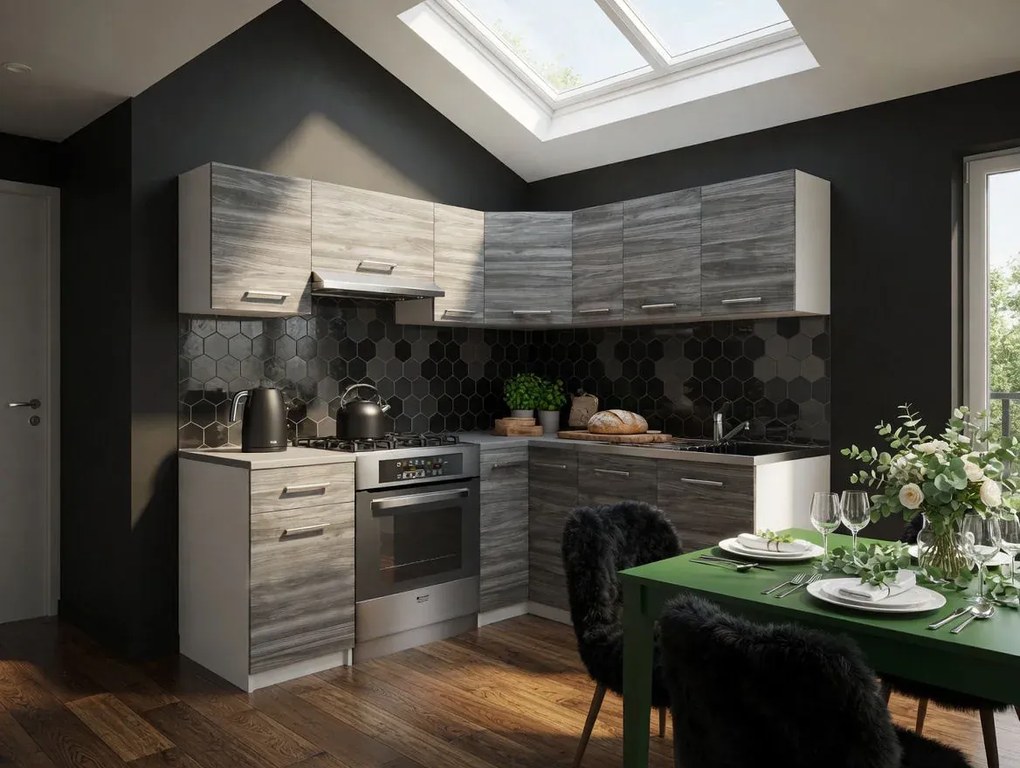 Kuchyňská linka Belini 360 cm šedý antracit Glamour Wood s pracovní deskou Lidiauniqa3 TOR LIDIAUNIQA3/4/WT/GW1/0/E