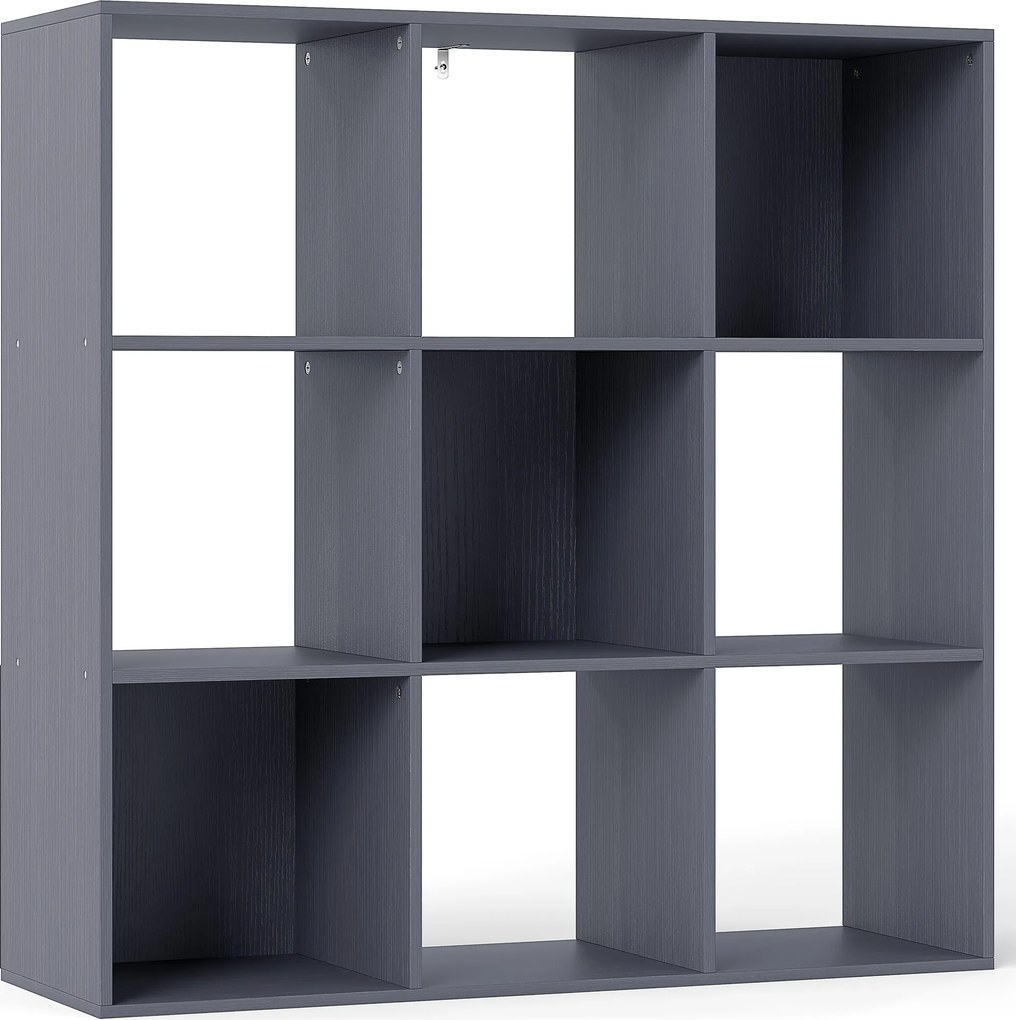 HOMCOM knihovna, třípatrový úložný regál s 9 přihrádkami, do obývacího pokoje, kanceláře nebo ložnice, 91 x 29,5 x 91 cm, šedá