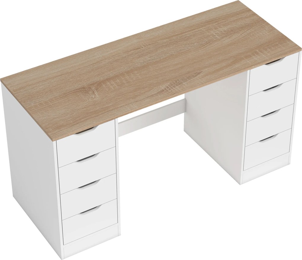 HOMCOM 140 cm počítačový stůl, 8 zásuvek, psací stůl pro domácí kancelář, ložnici, ocel, dřevo, přírodní