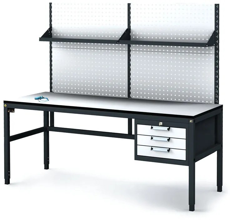 Antistatický dílenský ESD stůl s perfopanelem a policemi, 3 zásuvkový box na nářadí, 1800x800x745-985 mm
