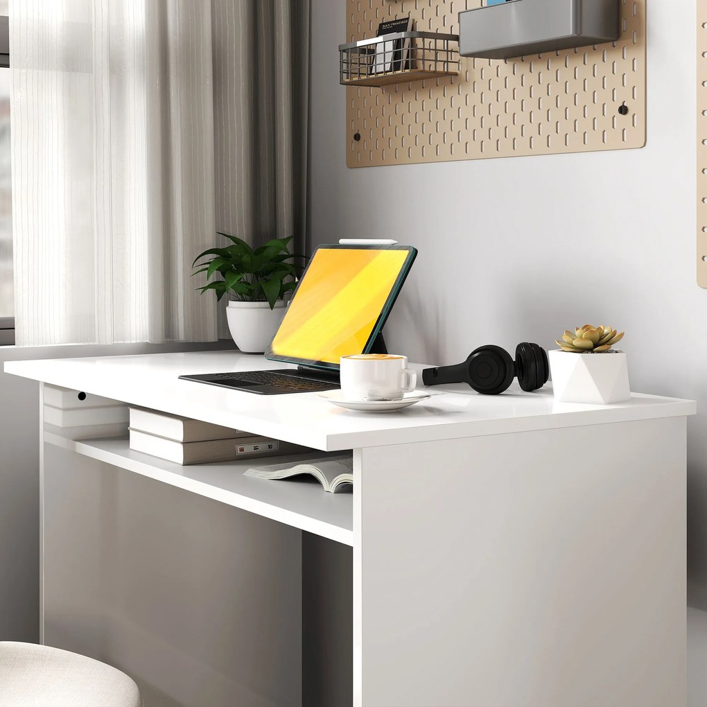 HOMCOM Počítačový stůl Kompaktní Elegantní kancelářský stůl s 1 policí, Dřevotříska, rozměr 90D x 50Š x 74V cm, Vysoce lesklá bílá
