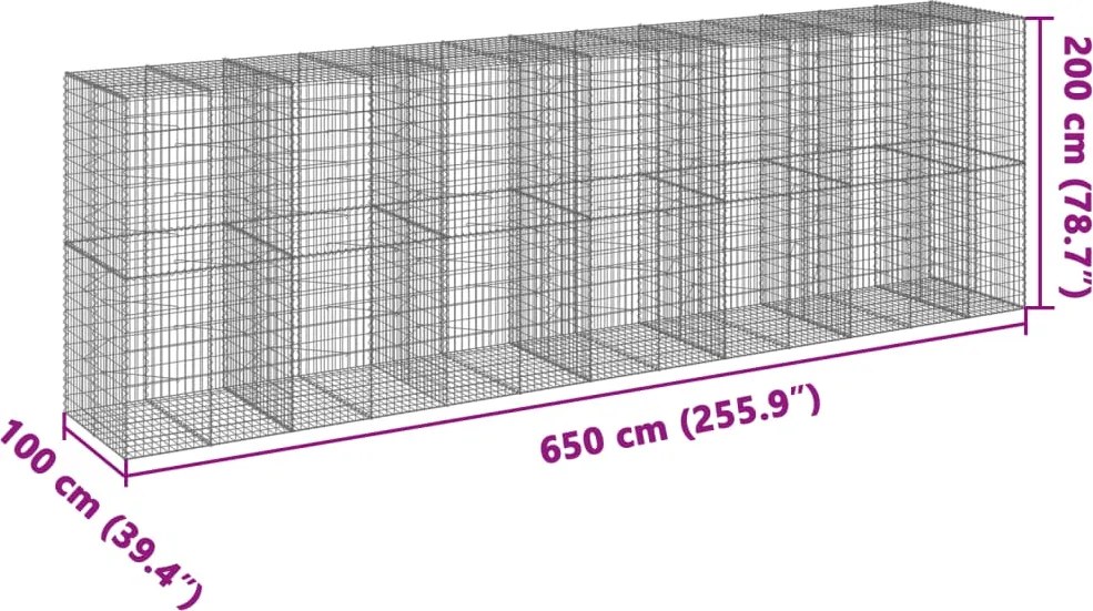 Gabionový koš s víkem 650 x 100 x 200 cm pozinkované železo 3295236
