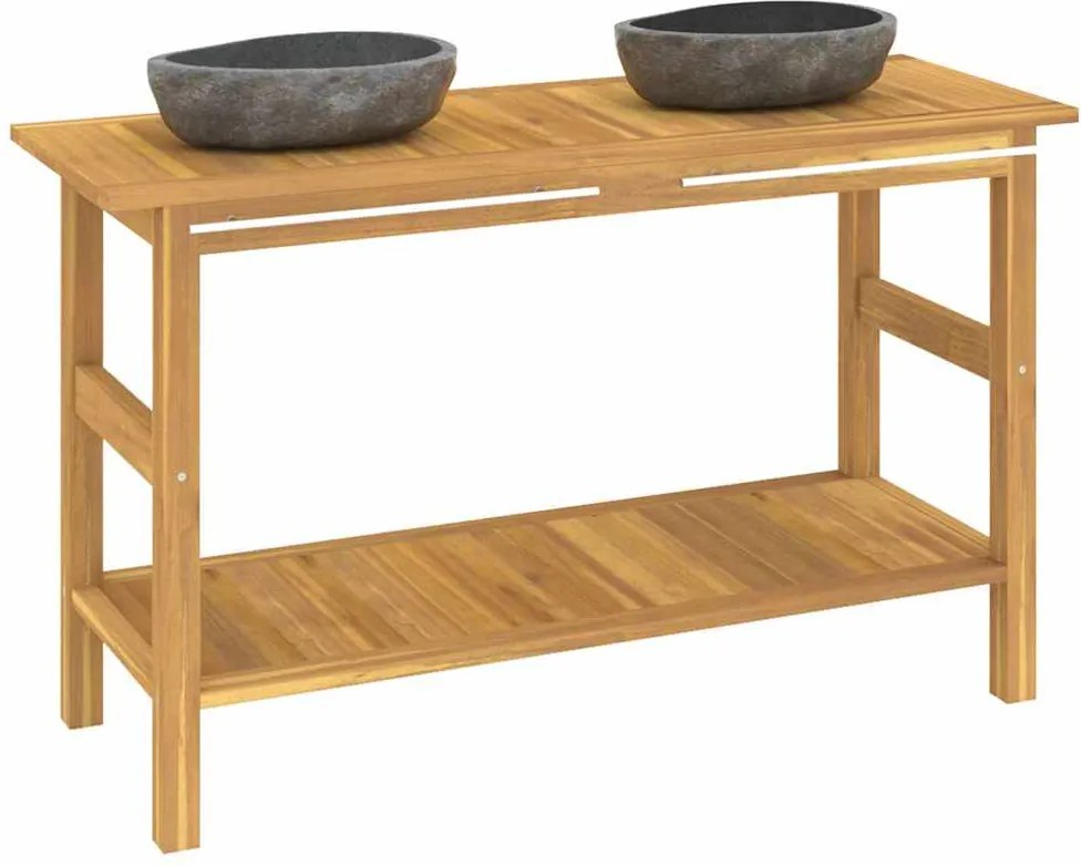 Koupelnová skříňka s umyvadly z říčního kamene masivní teak 3096583