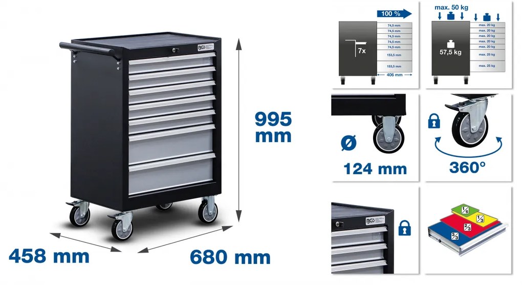 BGS 6076, Dílenský vozík | 7 zásuvek | soupravy nářadí k nastavení motoru