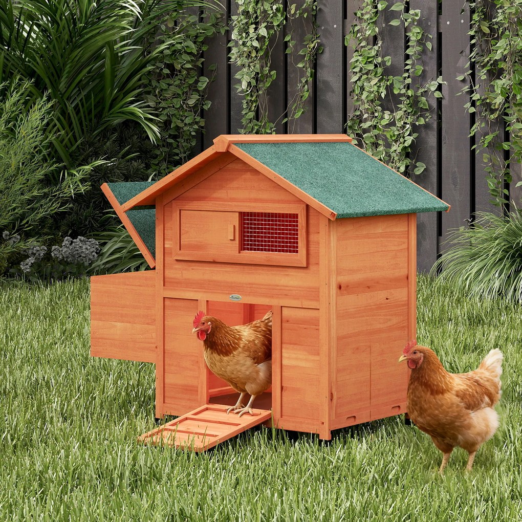PawHut Kurník Dřevěný kurník s hnízdním boxem 2 bidýlka Rampa Okno Vodotěsná střecha 113,5x67,5x95,5 cm Oranžová barva