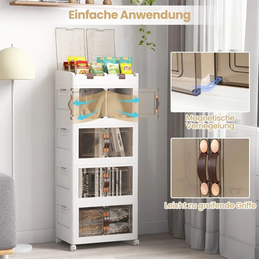 Costway Balení 4 stohovacích boxů s víkem, kolečky a dvířky Skládací úložný box