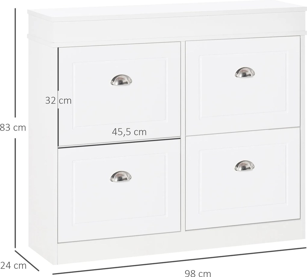 HOMCOM Skříň na boty Úložná jednotka na boty rozměry 98D x 24Š x 83V cm 4 výklopné dvířka Dvojitá úroveň MDF Bílá