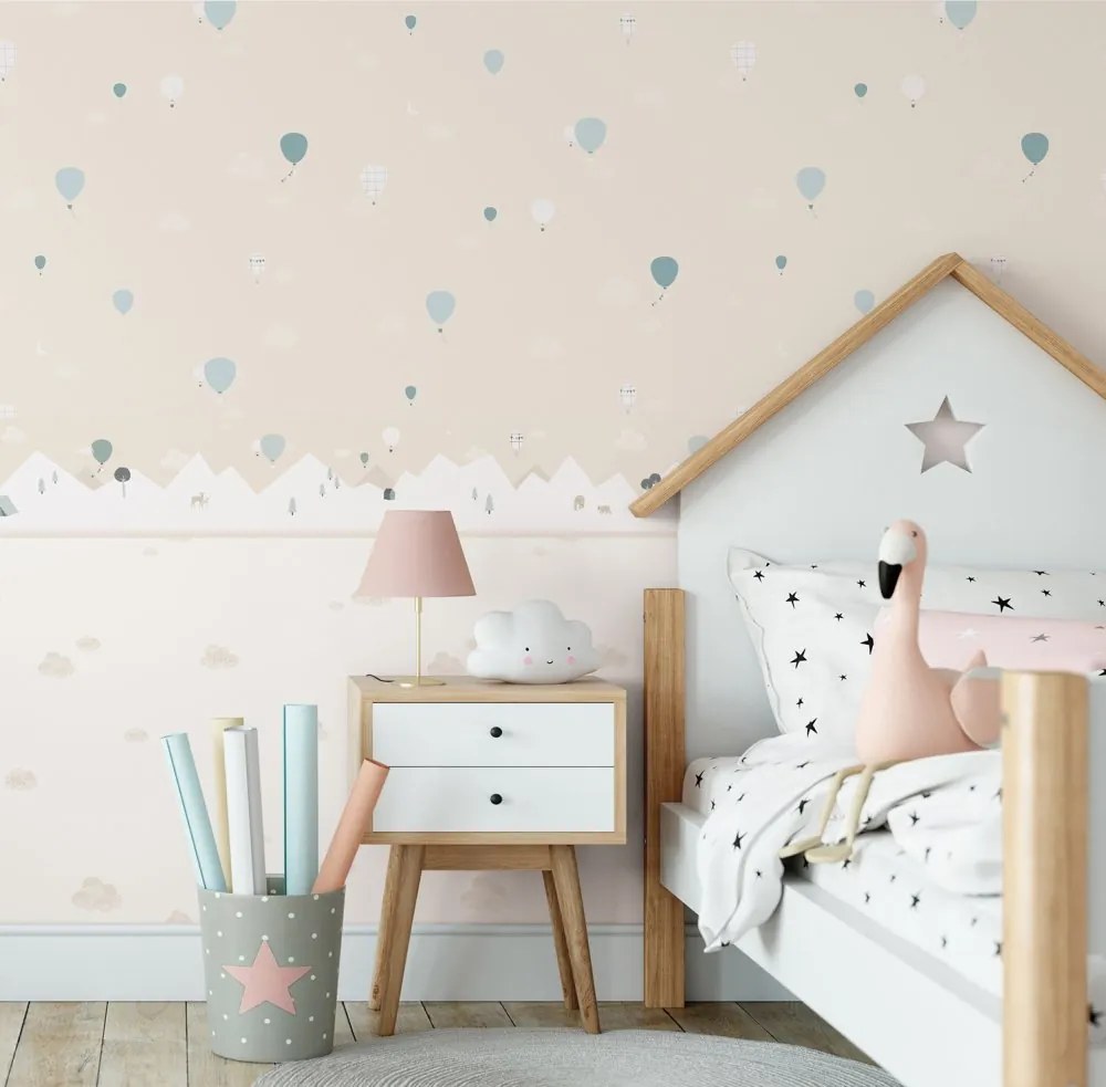 Krémová dětská samolepící bordura, hory, balony 7501-2, Noa, ICH Wallcovering