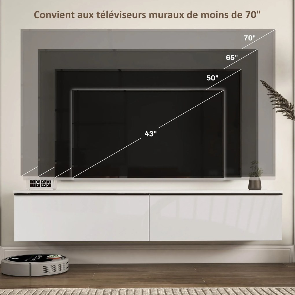 HOMCOM Nástěnný TV Stojan Dřevěný TV Konzole Koupelnová Skříň pro TV až 70 palců s Dveřmi s Lesklým Efektem, pro Obývací Pokoj, Ložnici, 160 x 35 x 3…
