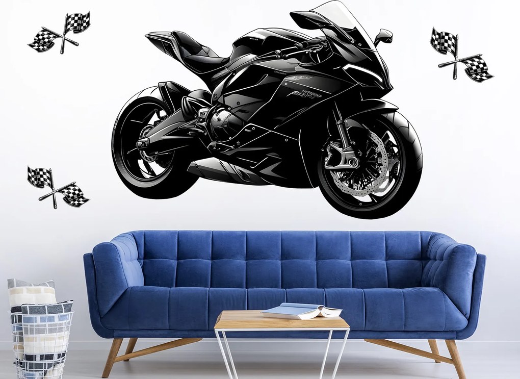 Černá motorka textilní přelepitelná samolepka na zeď arch 75 x 53 cm