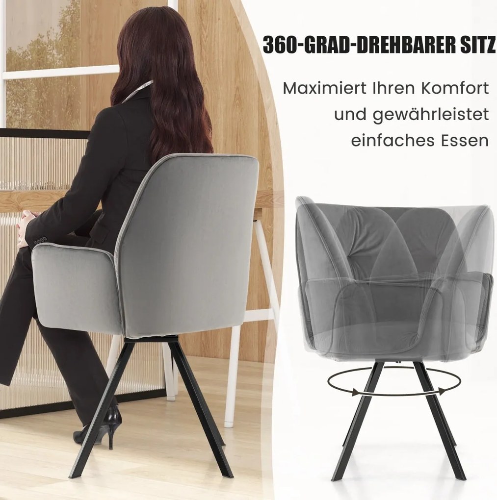 Costway Sada 2 sametových otočných židlí Jídelní židle otočné o 360° s kovovými