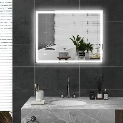 HOMCOM Koupelnové zrcadlo s osvětlením 90x70 cm LED zrcadlo Nástěnné zrcadlo s paměťovou funkcí 3 barvy světla Stříbrná
