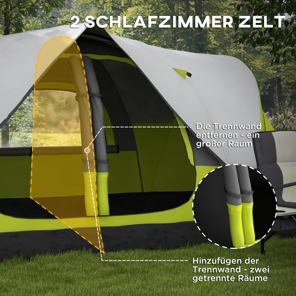 Campingzelt, 2 Räume, Trennwand, für 6-8 Personen, Regenschutz, Dunkelgrün
