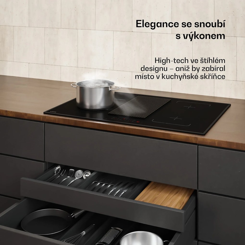 Klarstein Velaire hybridní indukční varná deska s integrovanou digestoří Elegantní, minimalistická, výkonná 7400 W 80 cm